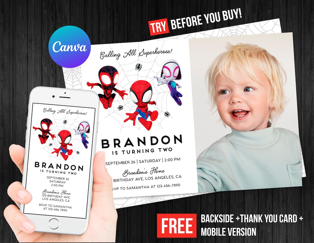 Spidey and His Amazing Friends Birthday Invitation Photo Picture Boy ...