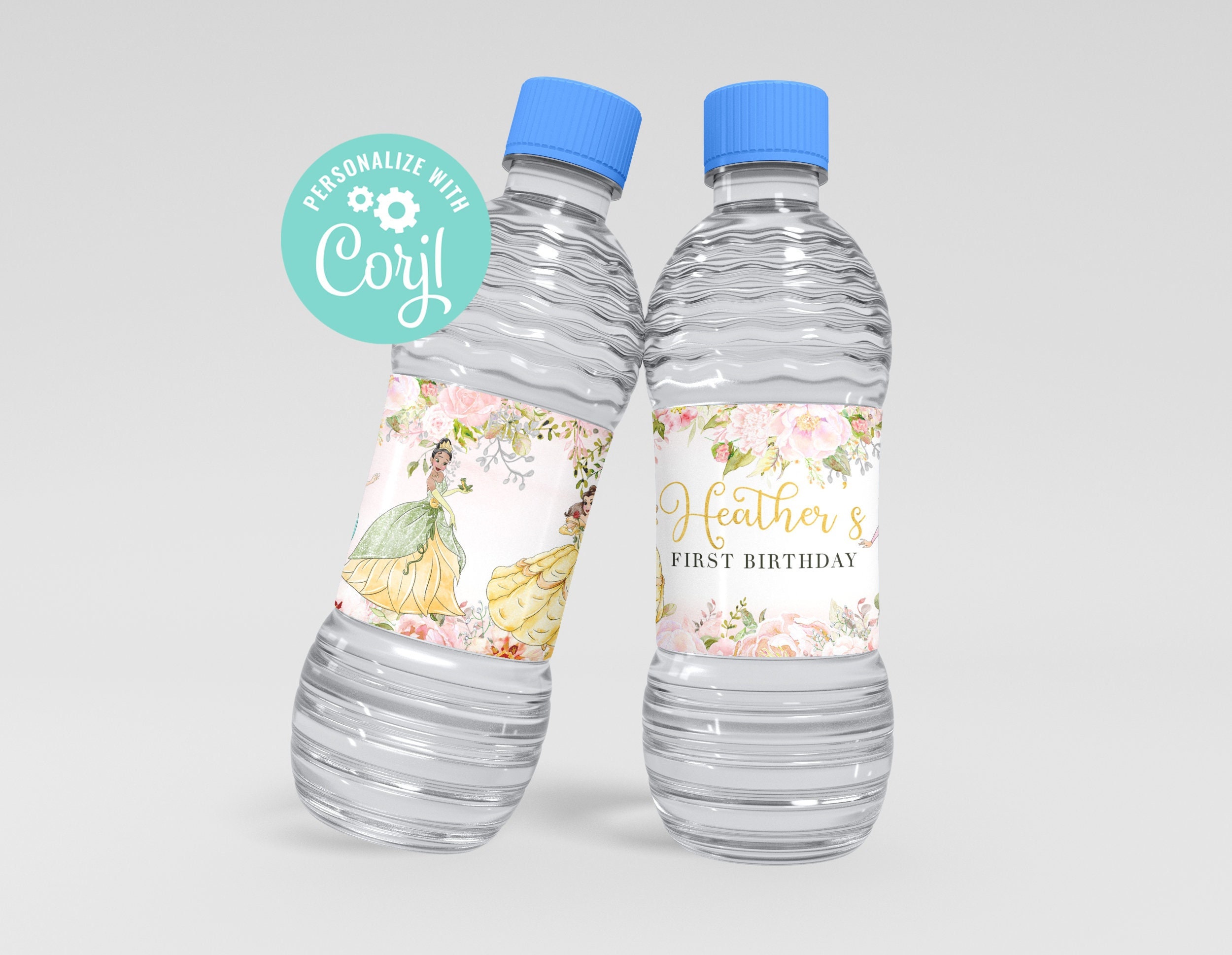 Princess First Birthday Bottle Labels Custom Template Editable Gold ...