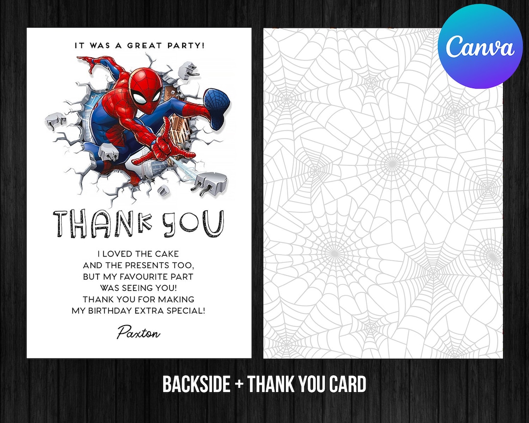 Spiderman Thank You Card Birthday Boy Superhero Party Printable ...