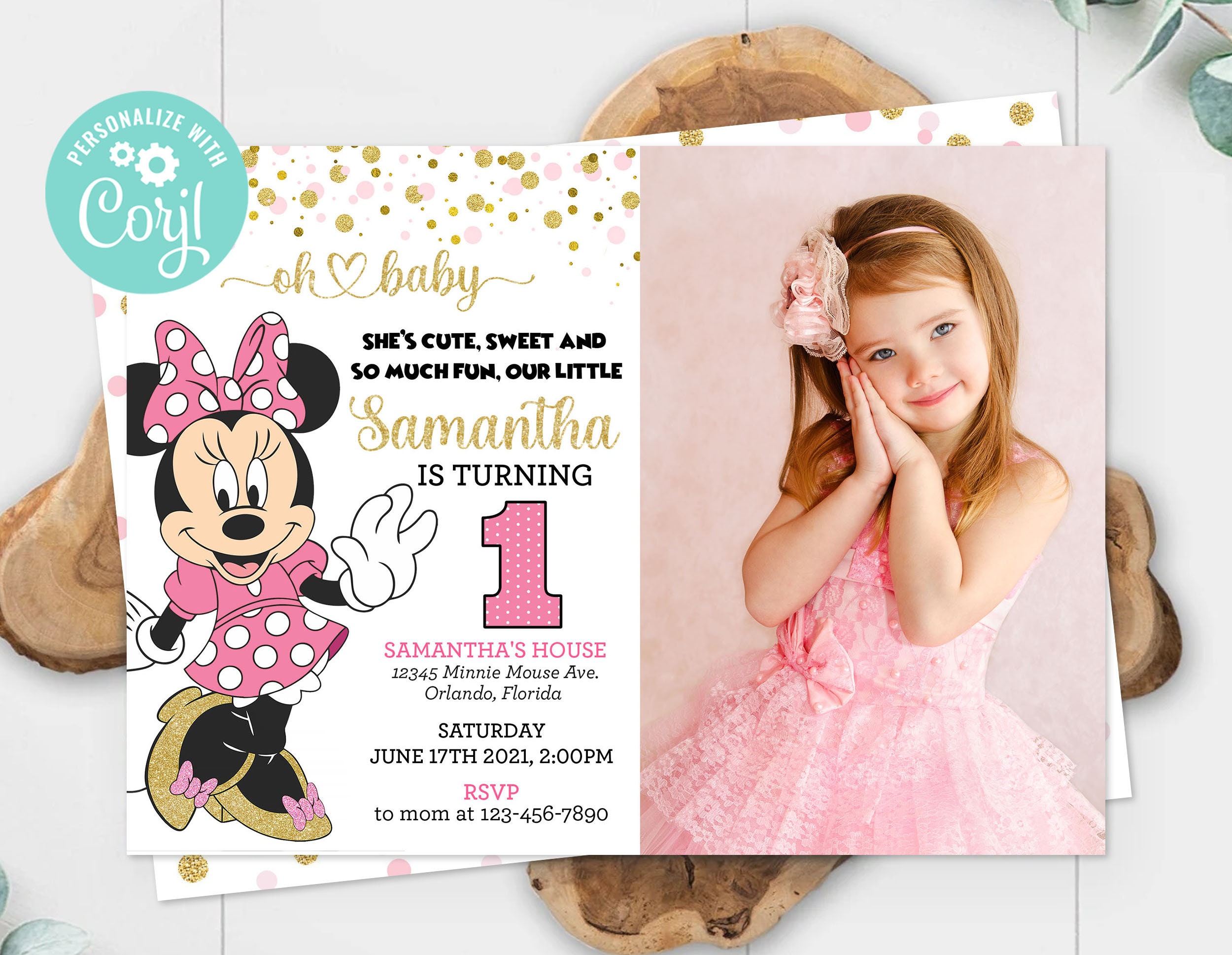 Minnie Mouse First Birthday Invitation Photo Picture Girl Minnie 1st ...