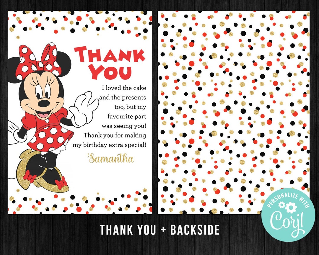 Minnie Mouse Birthday Thank You Card Girl Pink Gold Digital or Printed ...