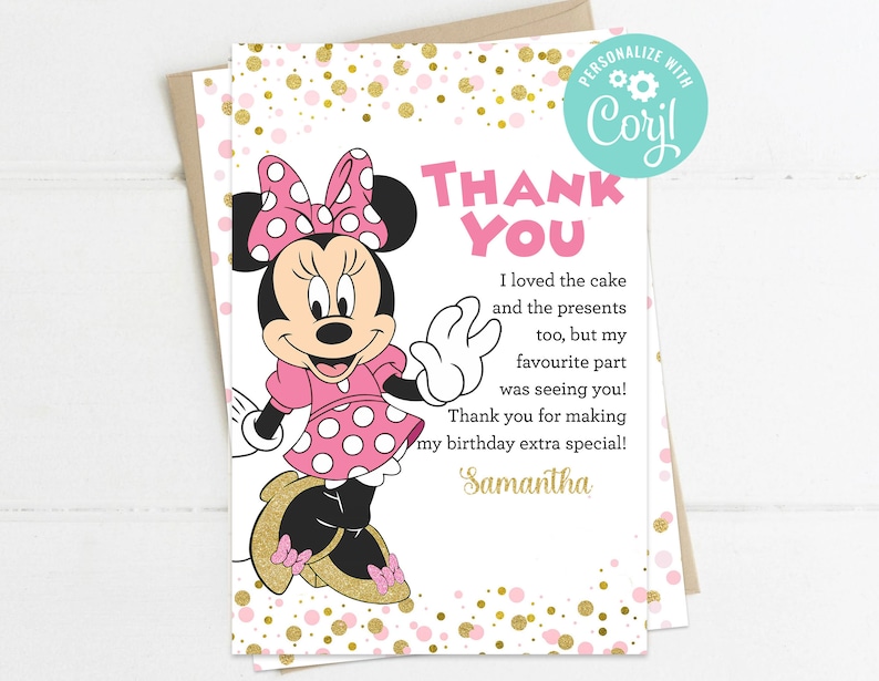 Minnie Mouse Thank You Card First Birthday Party Girl Minnie 1st ...