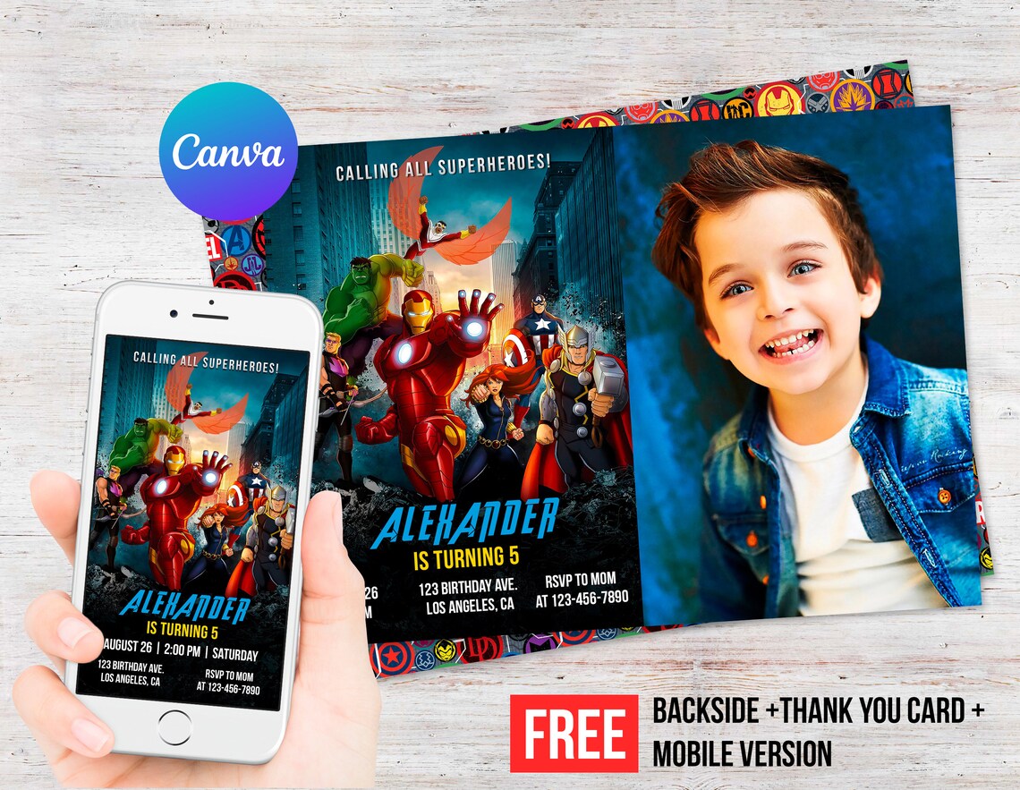 Avengers Birthday Invitation Boy Digital Thank You Card Editable Canva ...