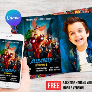 Avengers Birthday Invitation Boy Digital Thank You Card Editable Canva ...