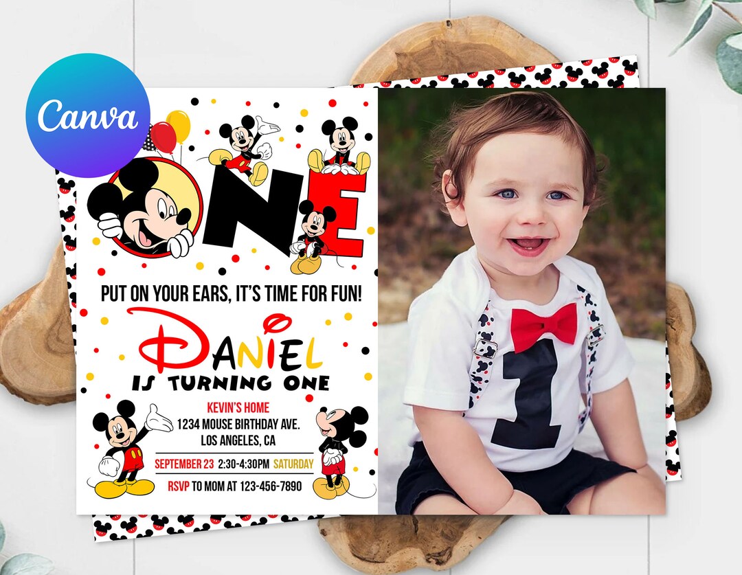 Mickey Mouse First Birthday Invitation Photo Picture Boy Mickey 1st ...