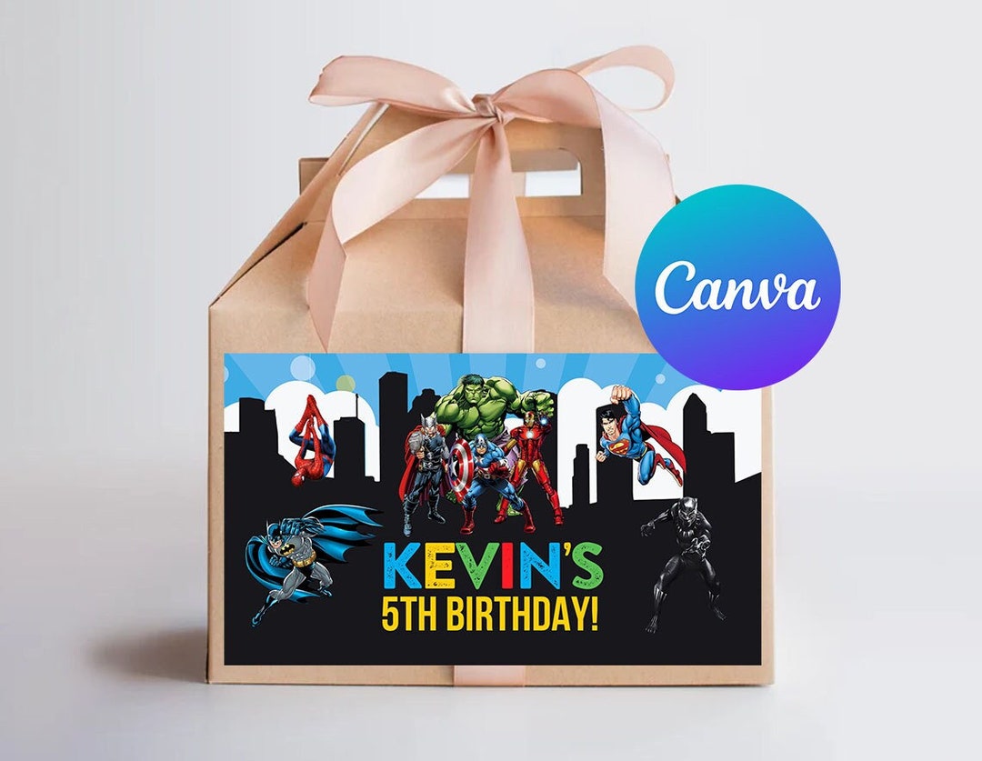 Superhero Birthday Gable Box Label Boy Avengers Party Favor Box Sticker ...