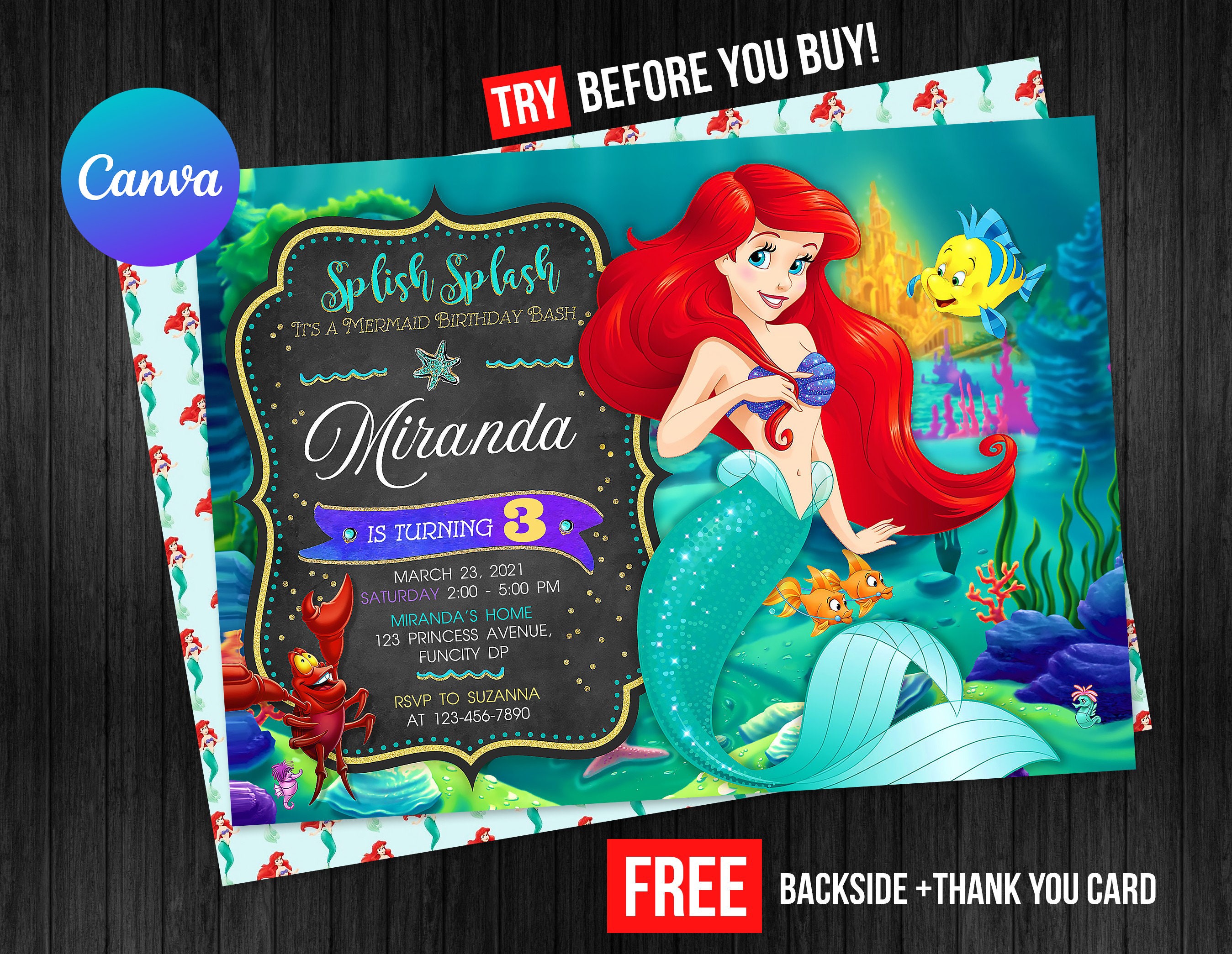 Little Mermaid Ariel Princess Birthday Invitation Girl Editable ...