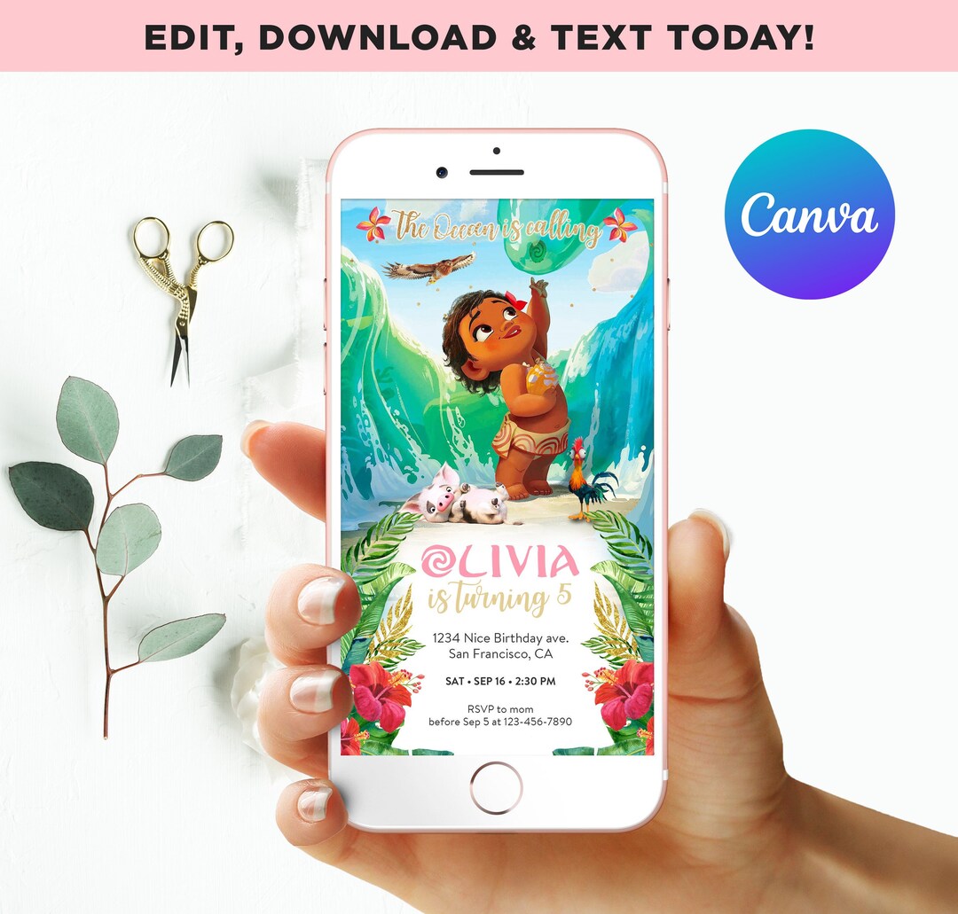 Moana Birthday Invitation Girl Mobile Phone Text Party Electronic Email ...