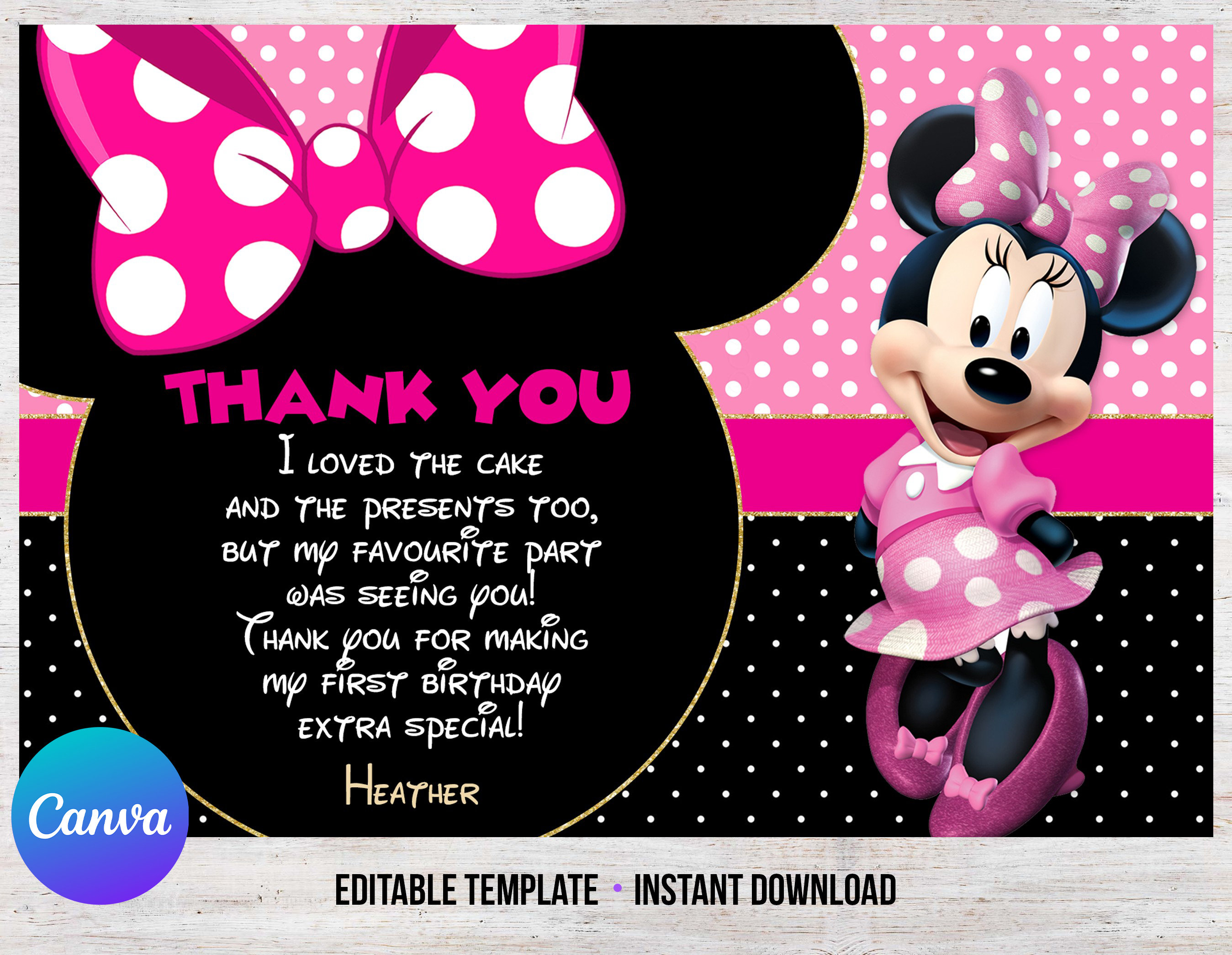 Minnie Mouse Birthday Thank You Card Girl Pink Gold Digital or Printed ...