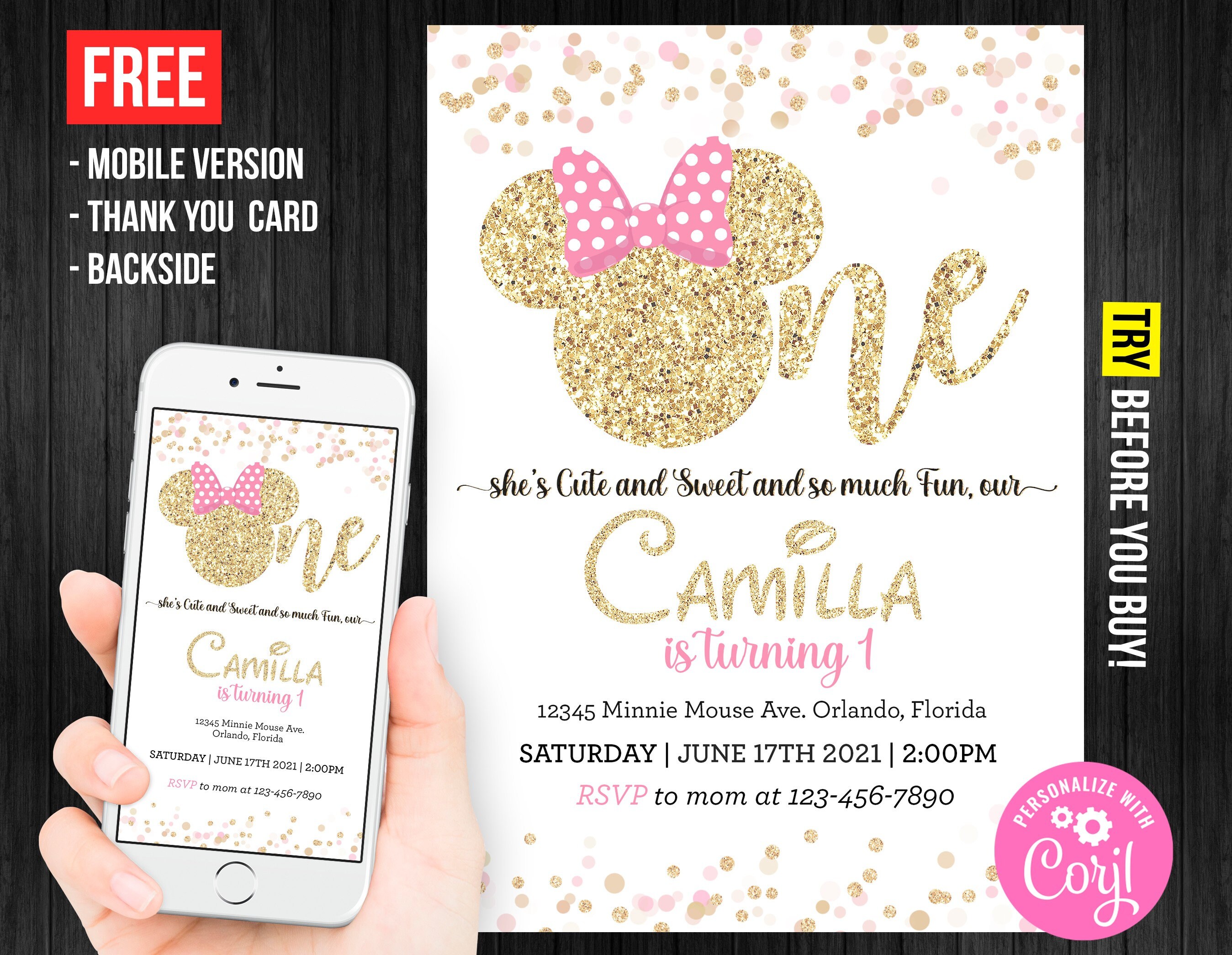 Minnie Mouse First Birthday Invitation Girl Gold Digital or Printed ...