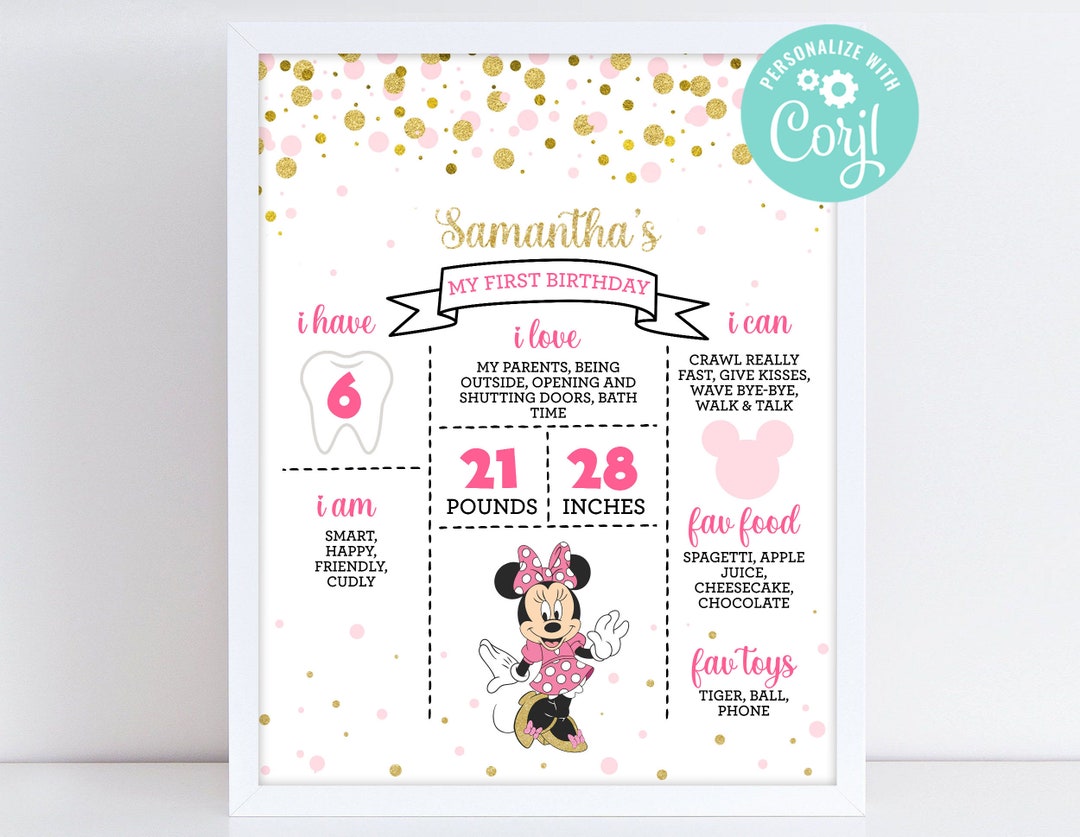 Minnie Mouse First Birthday Milestone Board Girl Minnie 1st Birthday ...