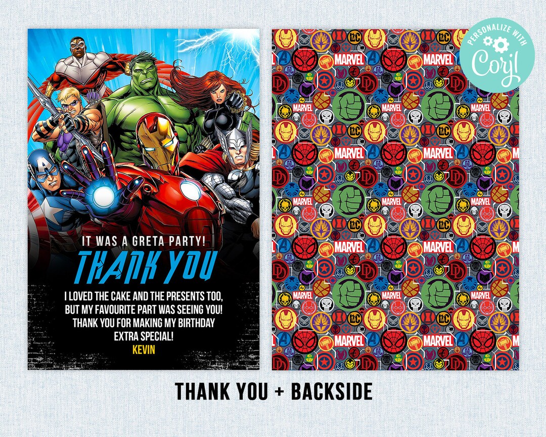 Birthday Boy Superhero Thank You Card Avengers Party Printable Editable ...
