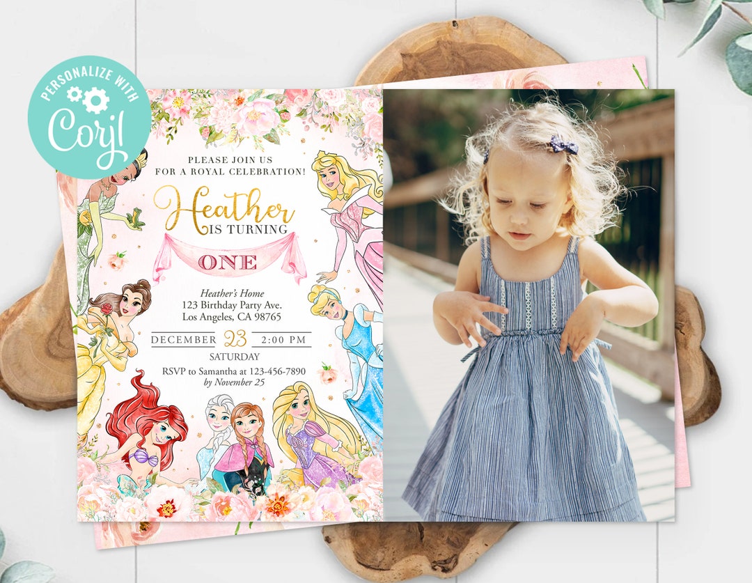 Princess First Birthday Invitation Card Photo Picture Gold Royal Rose ...