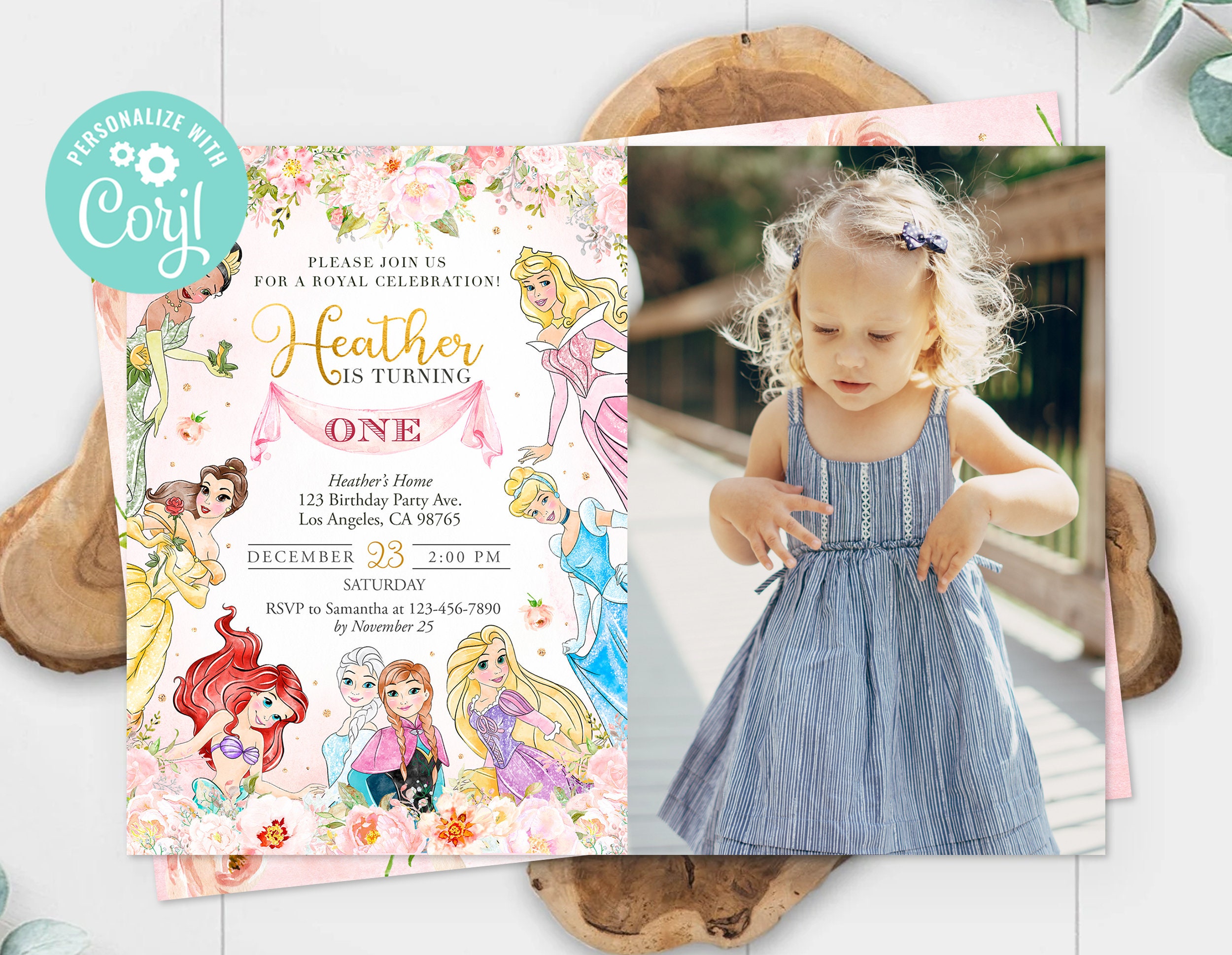 Princess First Birthday Invitation Card Photo Picture Gold Royal Rose ...