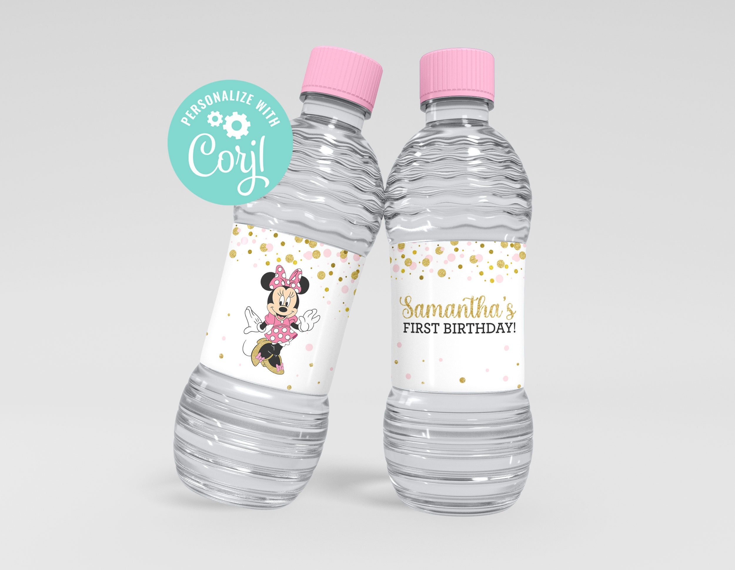 Minnie Mouse First Birthday Bottle Labels Girl Custom Template Editable ...