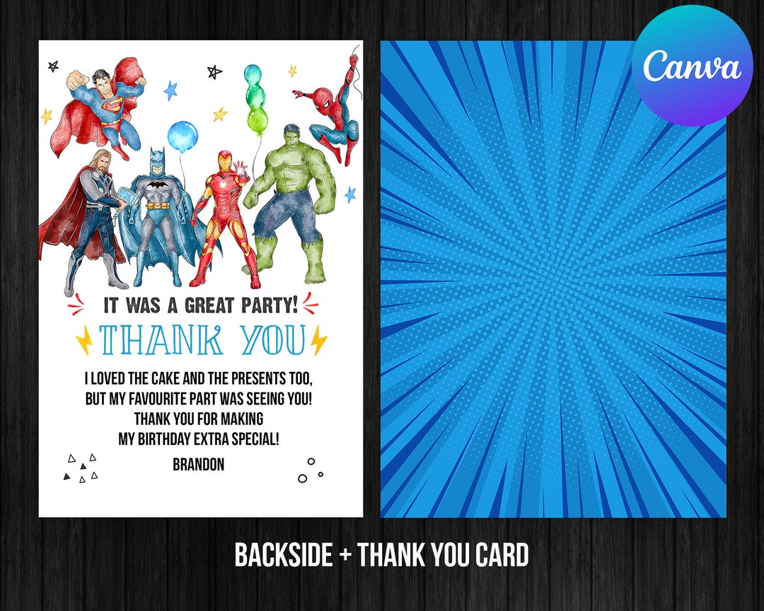 Birthday Boy Superhero Thank You Card Avengers Printable Editable ...