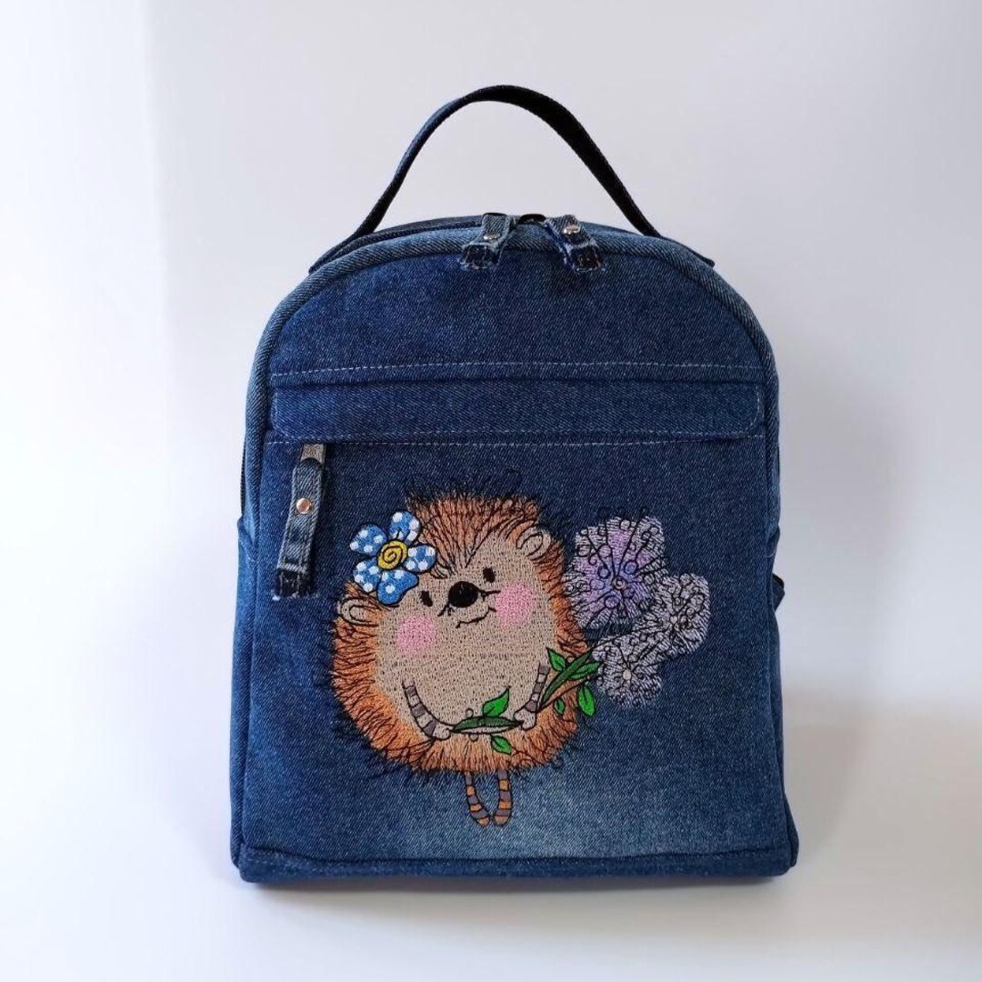 Handmade Denim Backpack With Cute Hedgehog Embroidery | Sustainable and ...