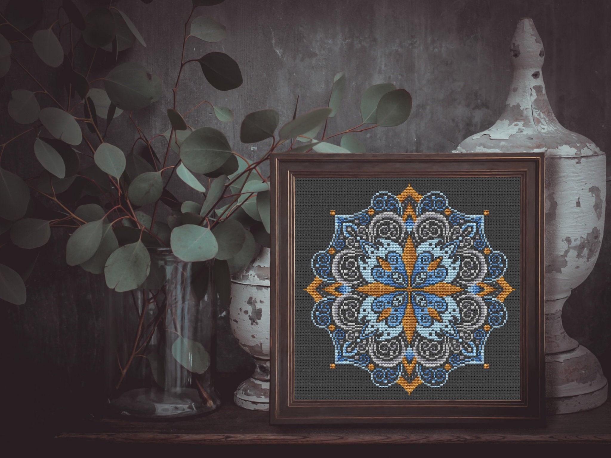 Blue Mandala Cross Stitch Pattern PDF, Black Aida Xstitch Design ...