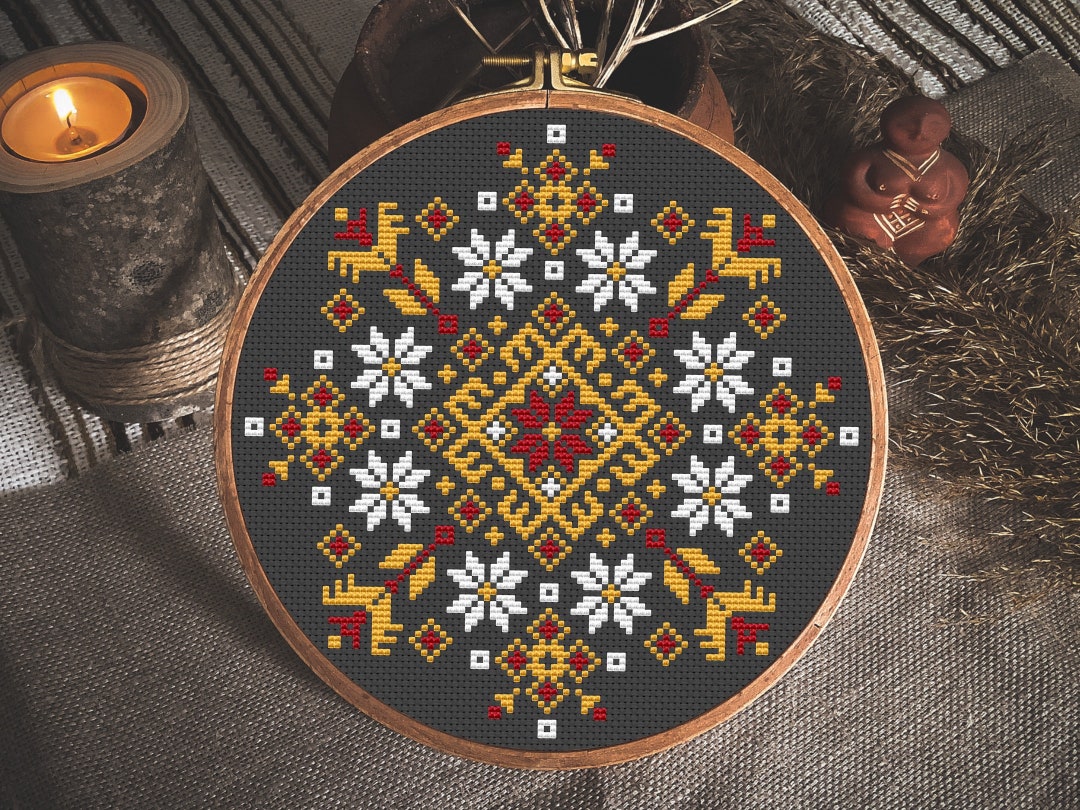 Slavic Modern Folk Counted Cross Stitch Pattern PDF, Black Aida Mandala ...