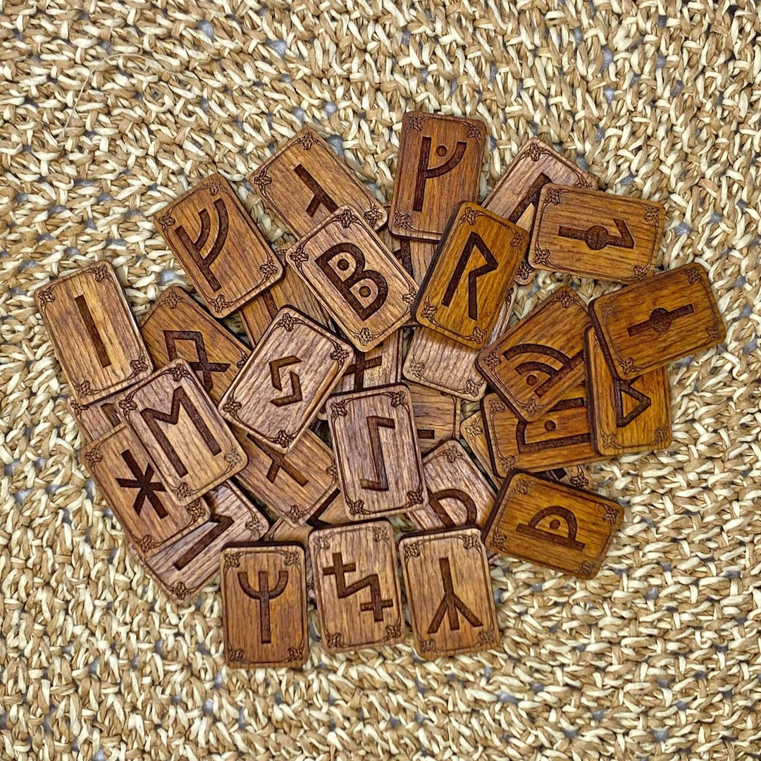 Wooden Icelandic Runic Set, 33 Pcs With Velvet Pouch | Wood Medieval ...