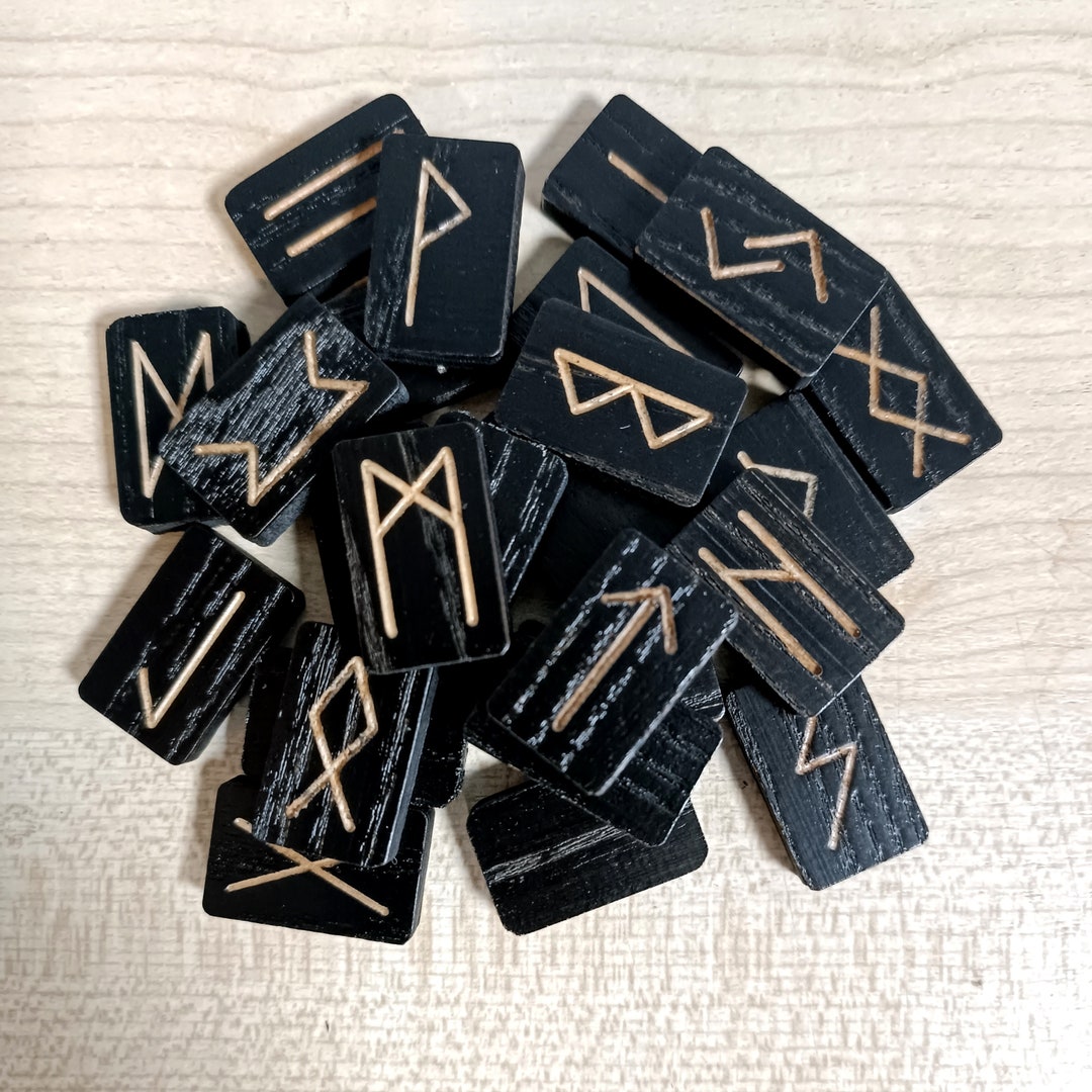 Black Ash Wooden Runic Set, 25 Pcs With Velvet Pouch | Wood Runes Elder ...