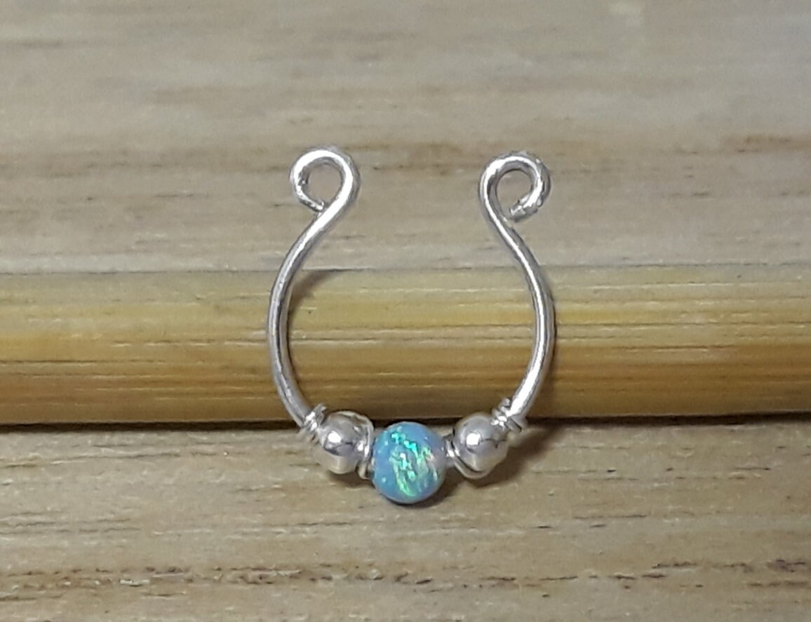 Sterling Silver Fake Septum Piercing With Opal Bead, Fake Septum Ring ...