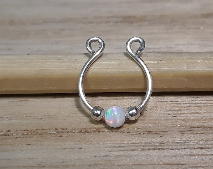Sterling Silver Fake Septum Piercing With Opal Bead, Fake Septum Ring for Non Pierced Nose, Faux ...