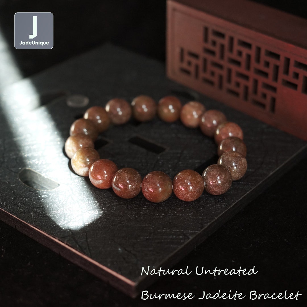 13mm Golden Brown Jadeite Beaded Bracelet - Natural Untreated Burmese ...