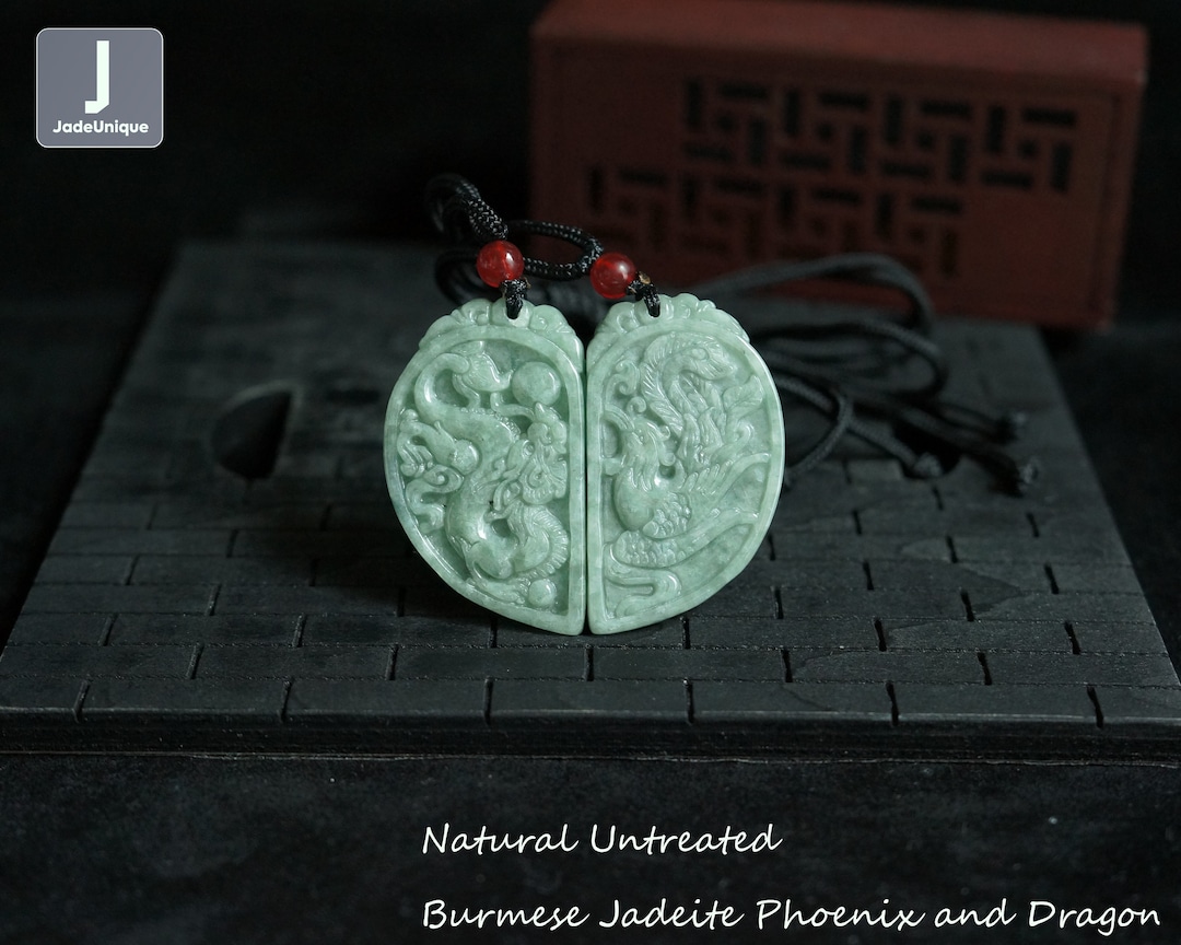 Pair Dragon and Phoenix Jadeite Pendants With String Necklace - Hand ...