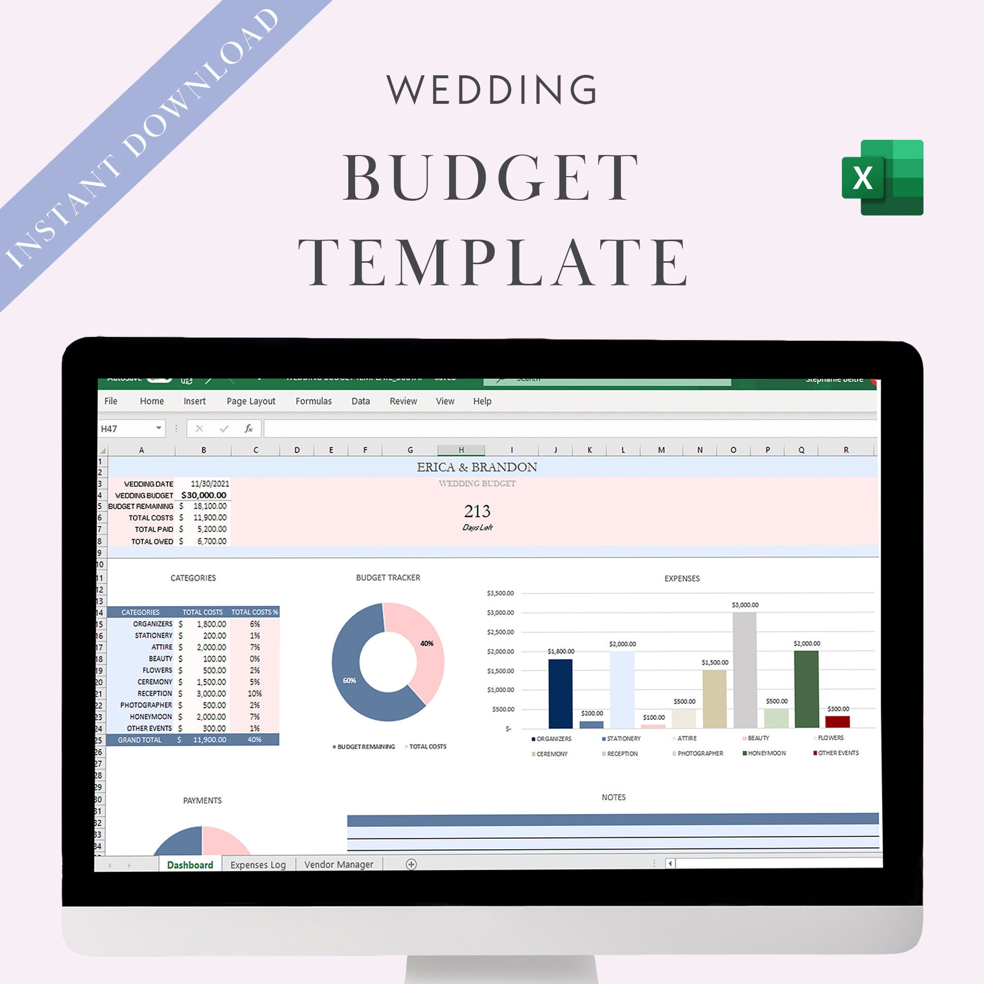 Wedding Budget Spreadsheet | Digital Wedding Expense Tracker | Editable ...