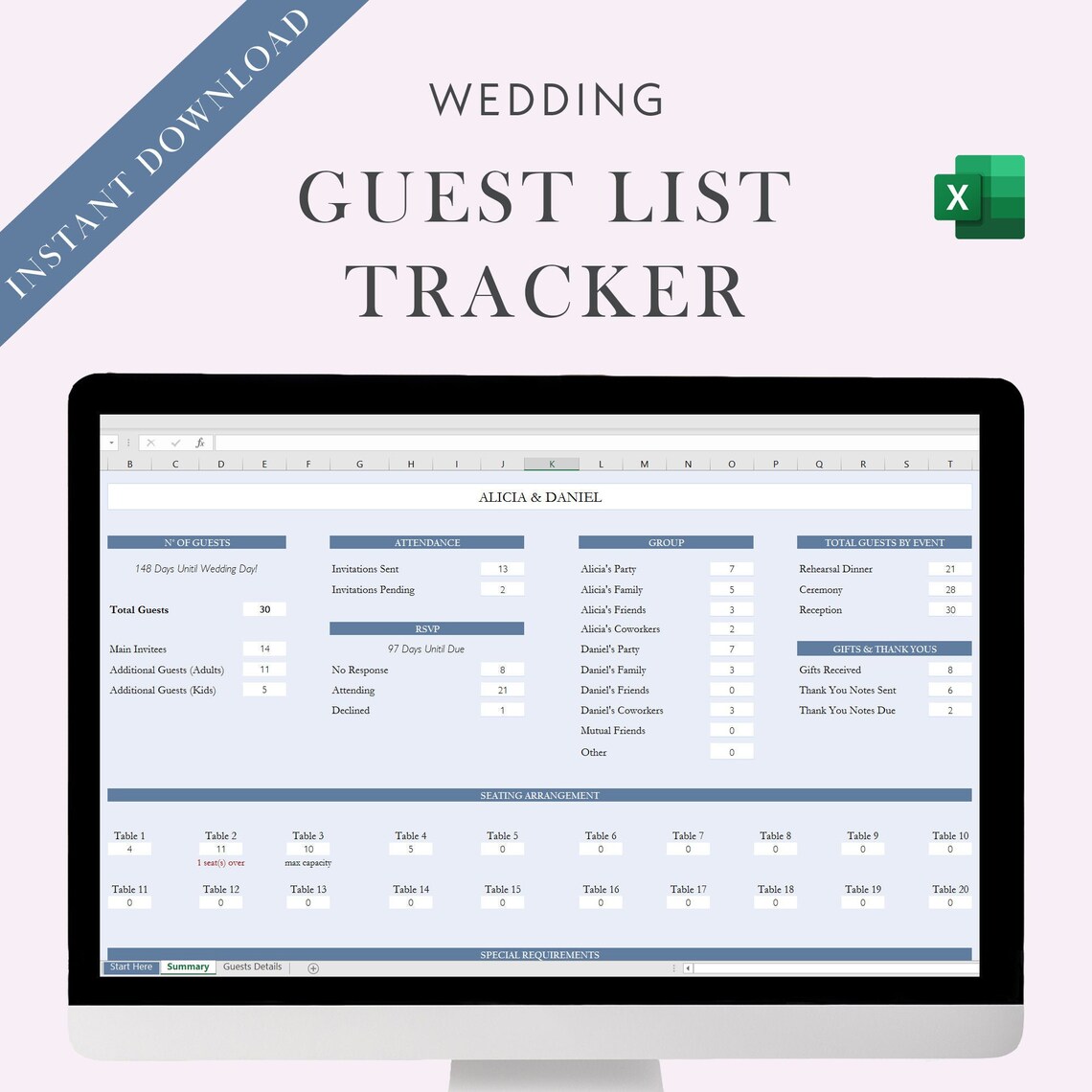 Wedding Guest List Tracker | Guest List Manager Spreadsheet | Guest ...