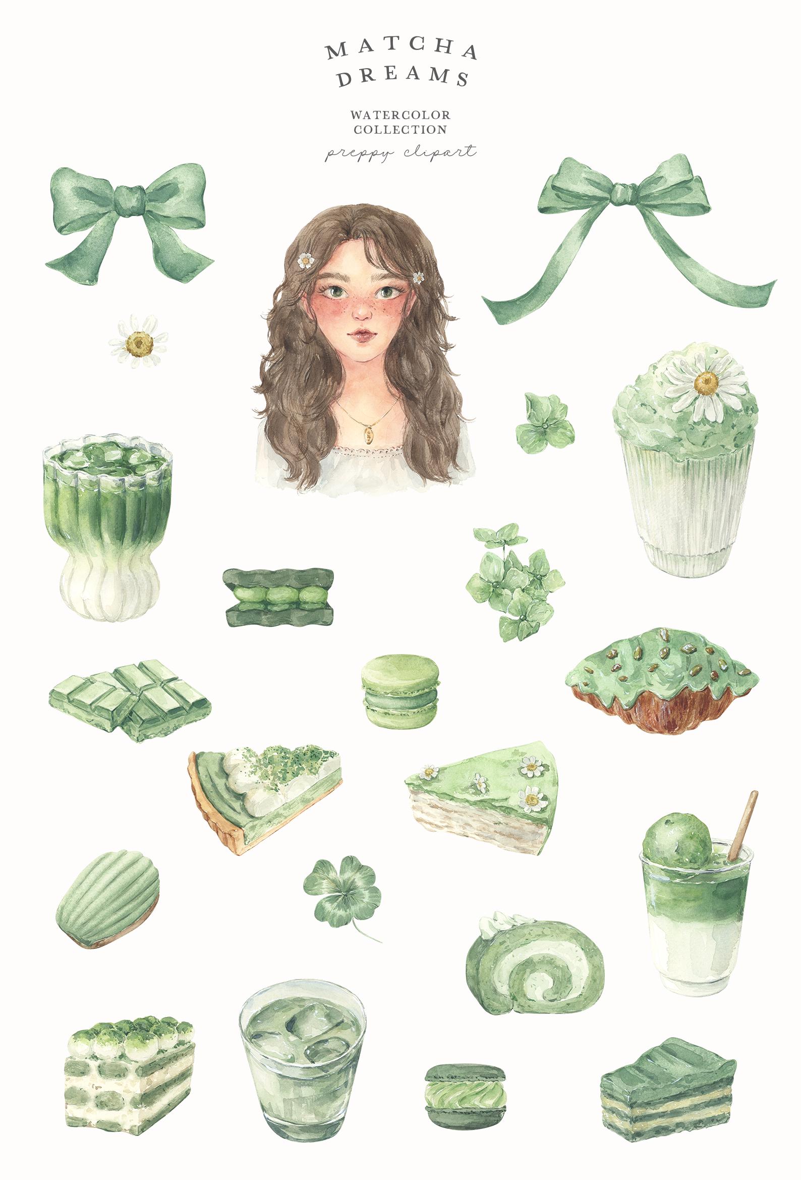 Watercolor Preppy Girl Clipart Matcha Clipart Coquette Green Clipart ...