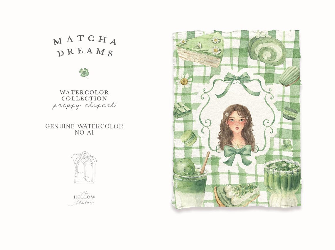 Watercolor Preppy Girl Clipart Matcha Clipart Coquette Green Clipart ...
