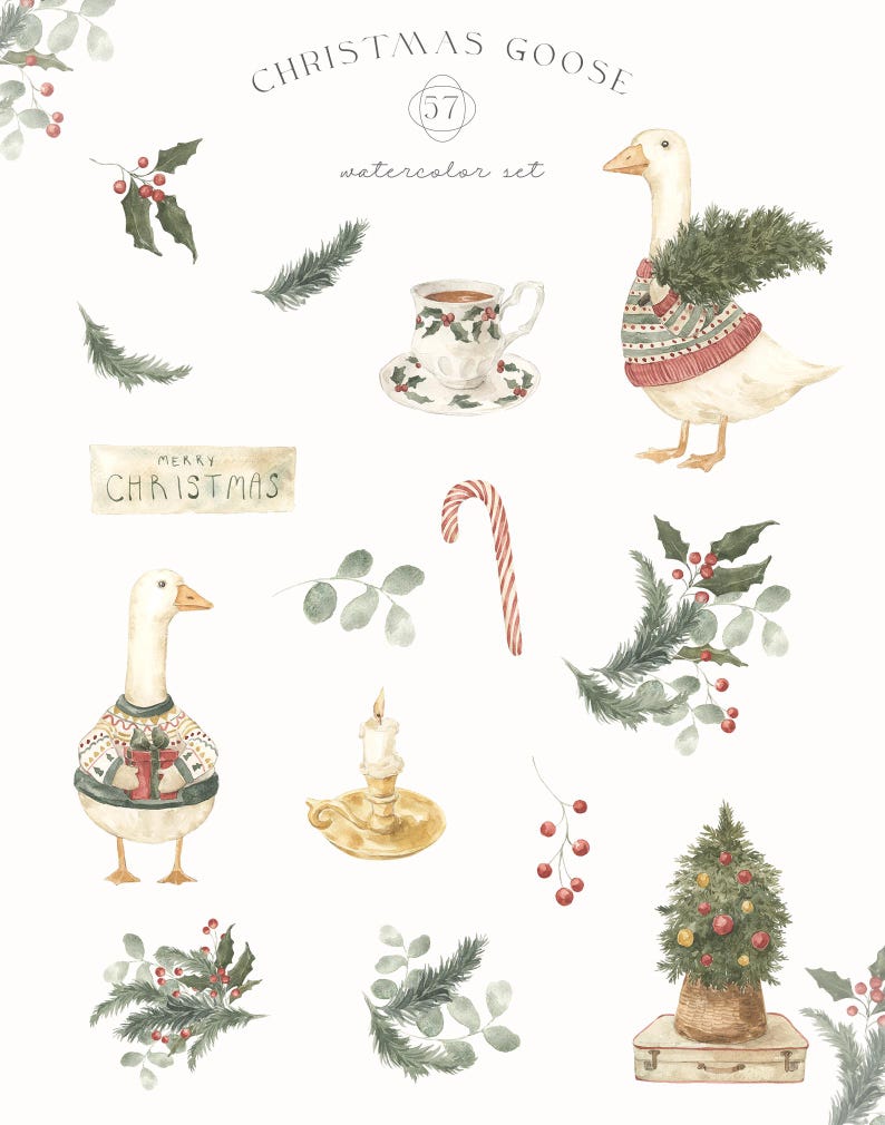 Christmas Goose Watercolor Clipart Set – Vintage Cozy Holiday ...