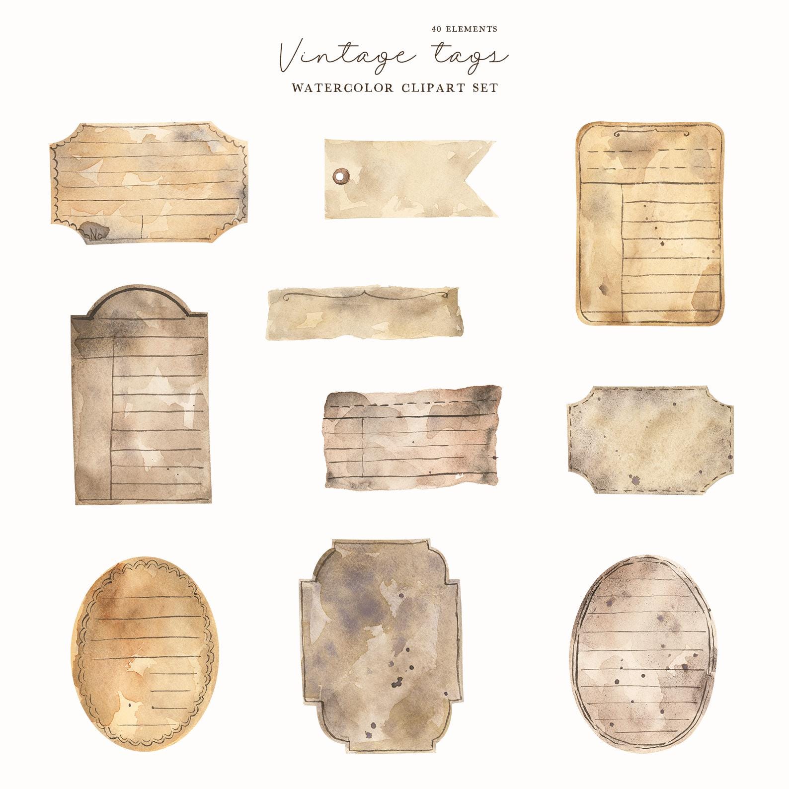 Vintage Paper Tags Clipart | Aged Watercolor Labels PNG | Antique ...