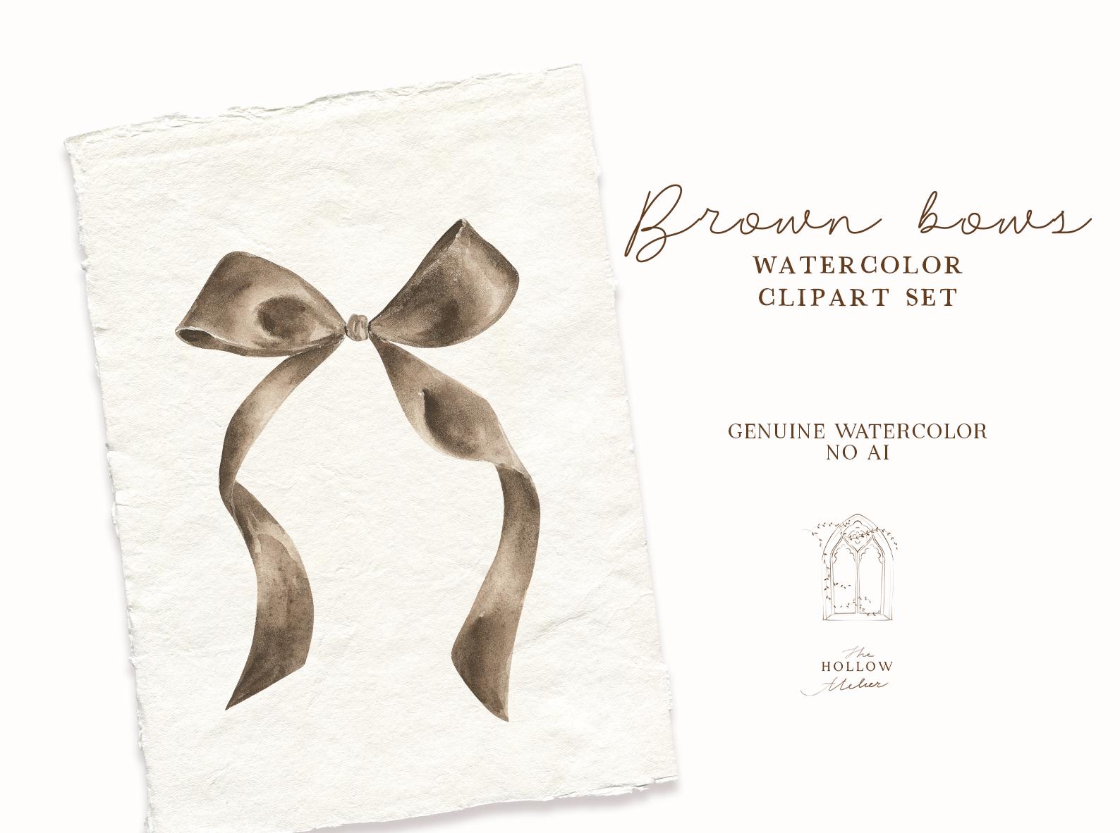 Brown Ribbon Clipart, Watercolor Bow PNG, Neutral Boho Clip Art, Hand ...