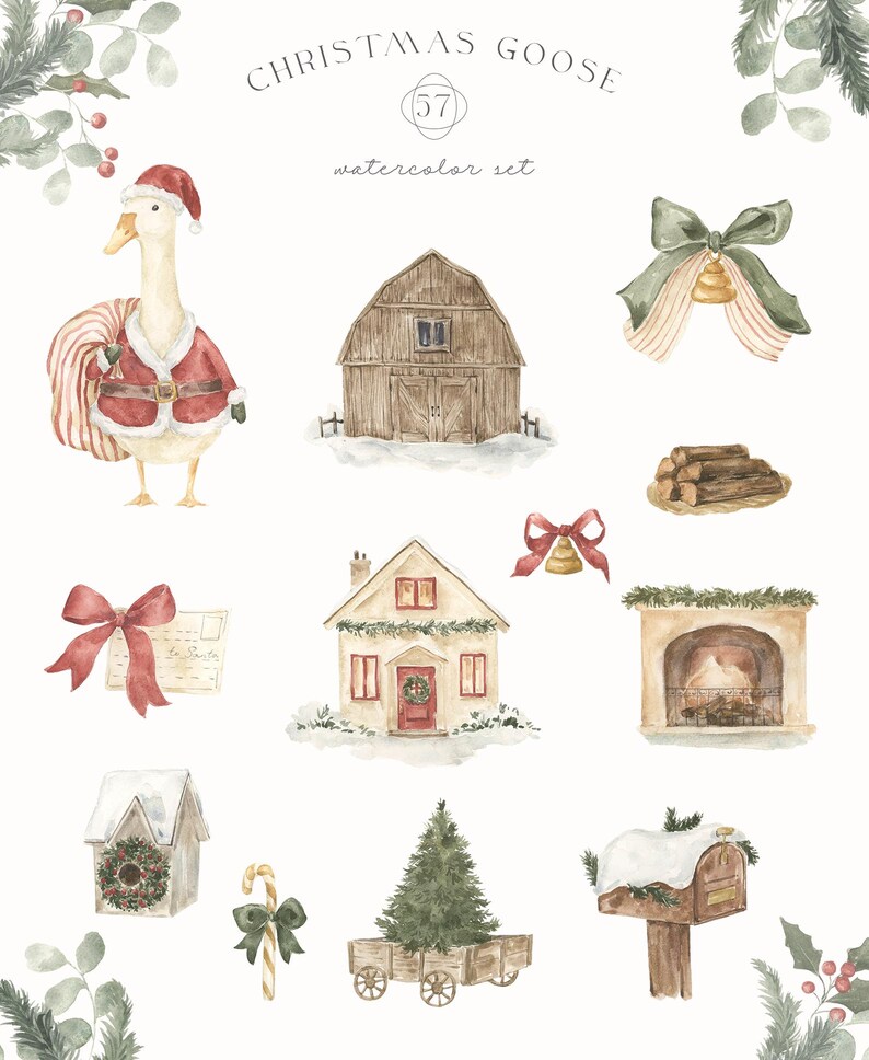 Christmas Goose Watercolor Clipart Set – Vintage Cozy Holiday ...