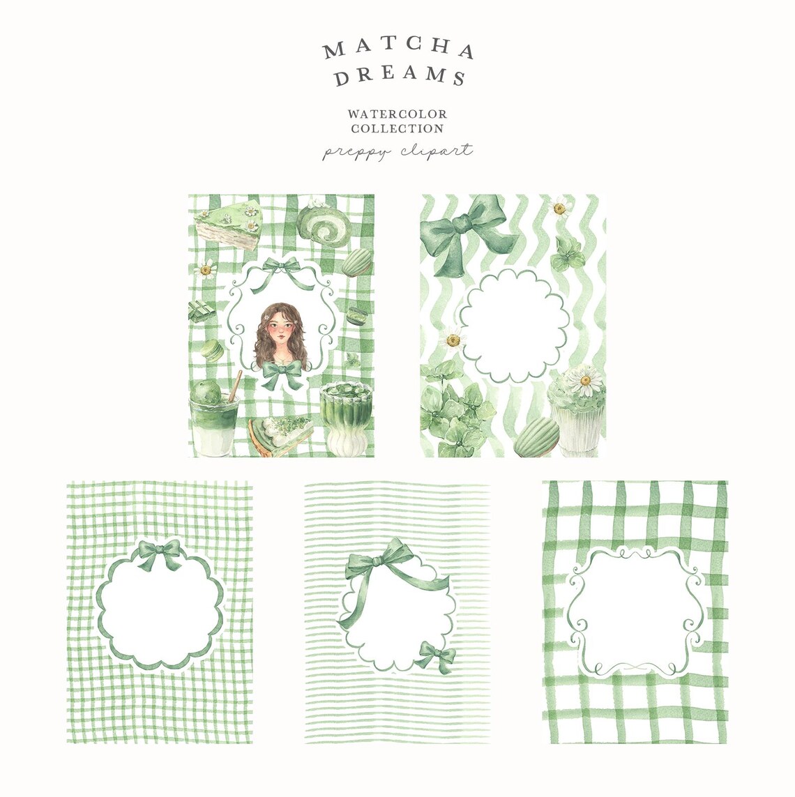 Watercolor Preppy Girl Clipart Matcha Clipart Coquette Green Clipart ...