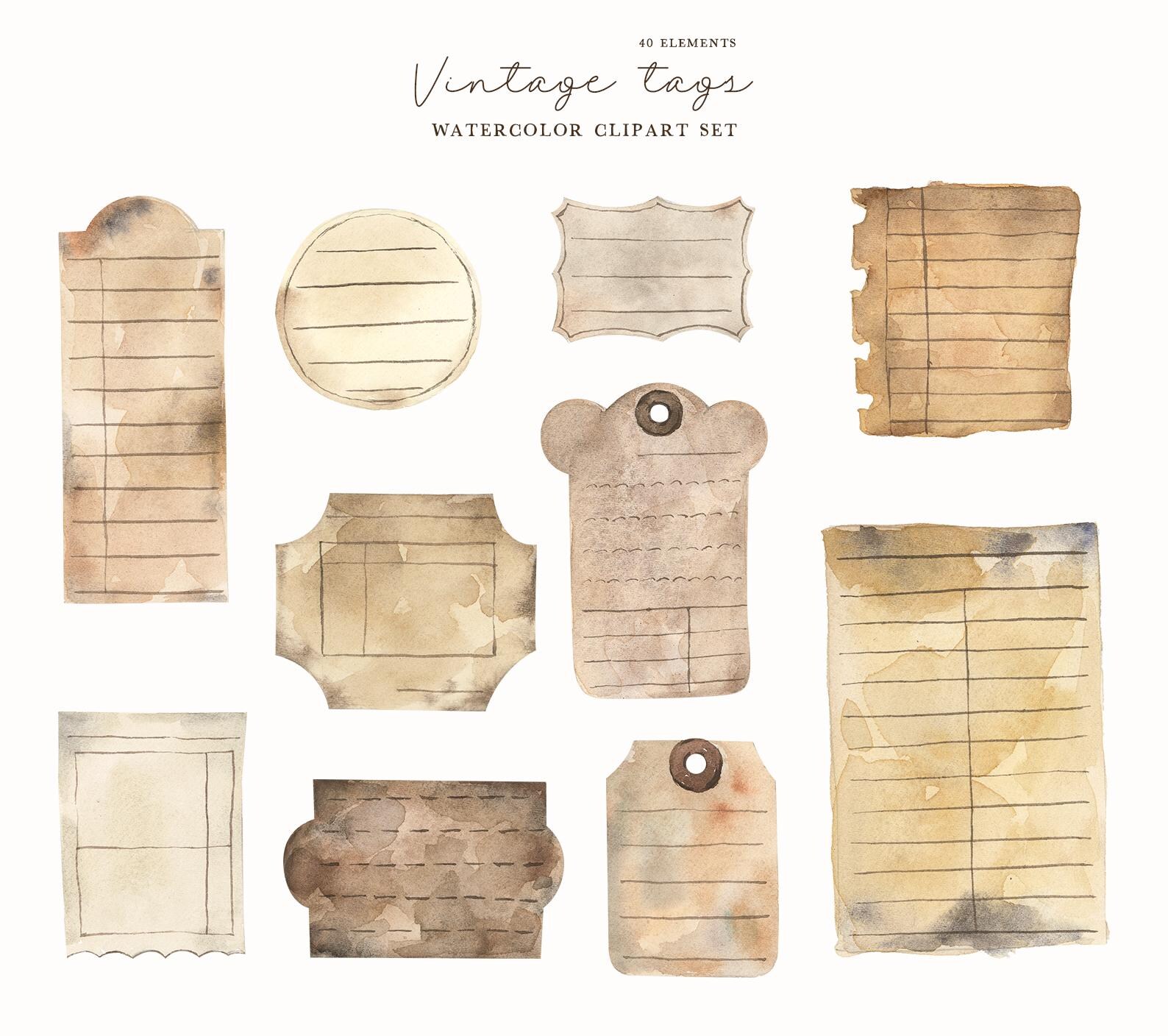 Vintage Paper Tags Clipart | Aged Watercolor Labels PNG | Antique ...