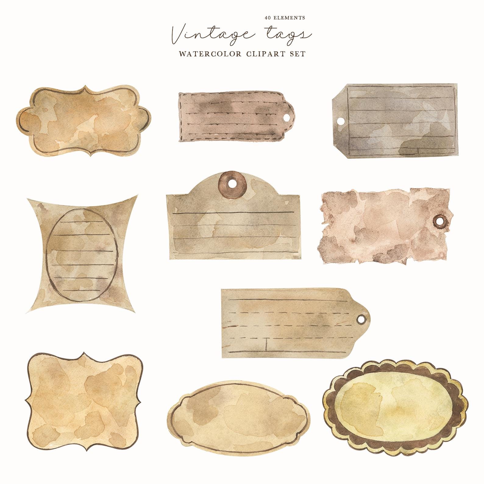 Vintage Paper Tags Clipart | Aged Watercolor Labels PNG | Antique ...