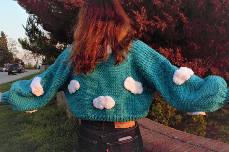Crochet Crop Cardigan, Cloud Knit Cardigan, Blue White Cardigan ...