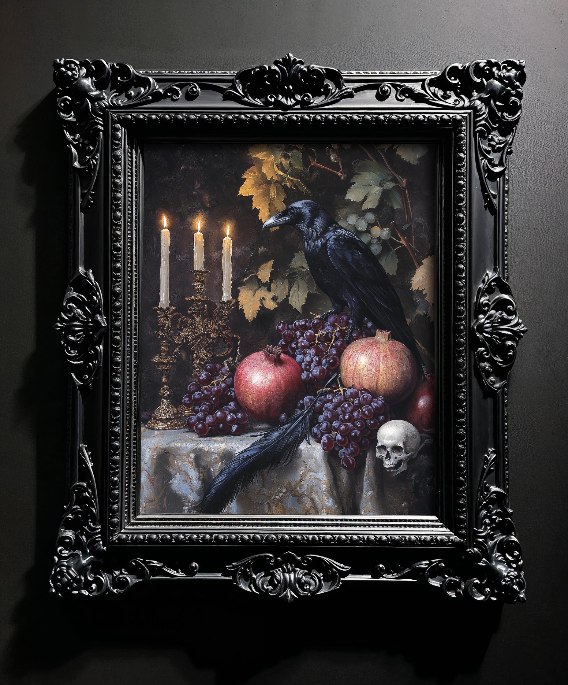 Gothic Raven Skull Still Life Art Print, Dark Academia Decor (digital ...