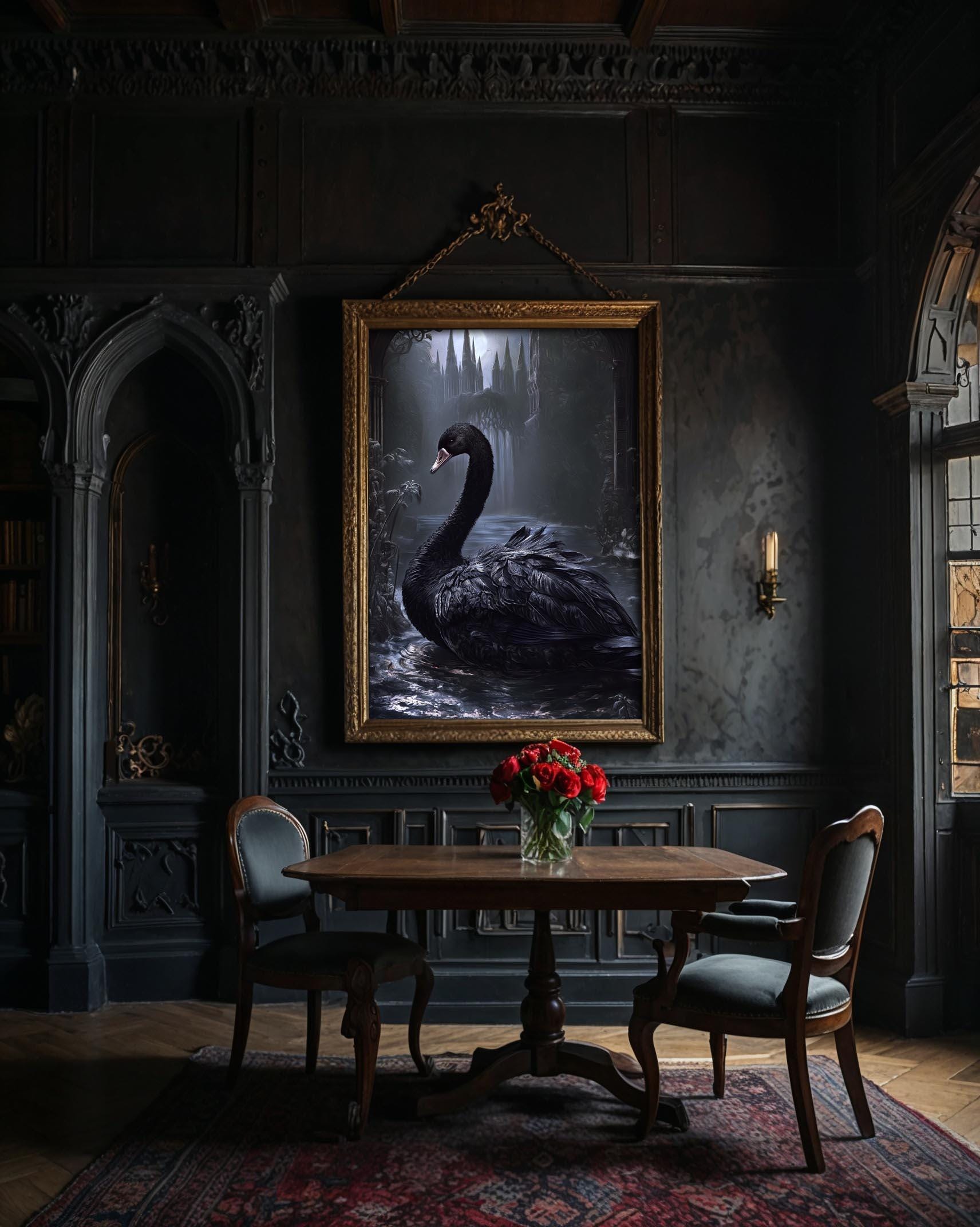 Gothic Black Swan Oil Painting Print, Printable Vintage Dark Romance ...