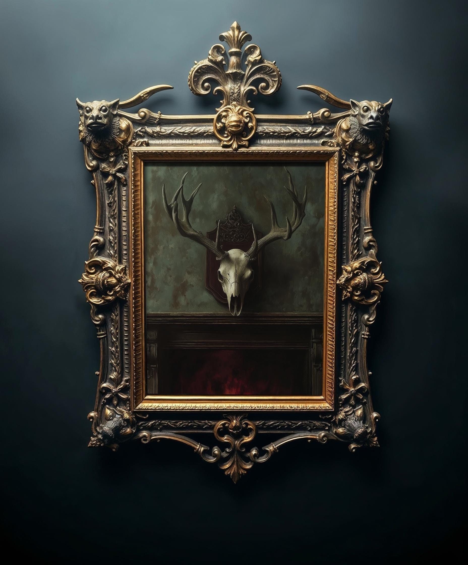 Gothic Skull of A Mythical Creature Oil Painting Print, Printable ...