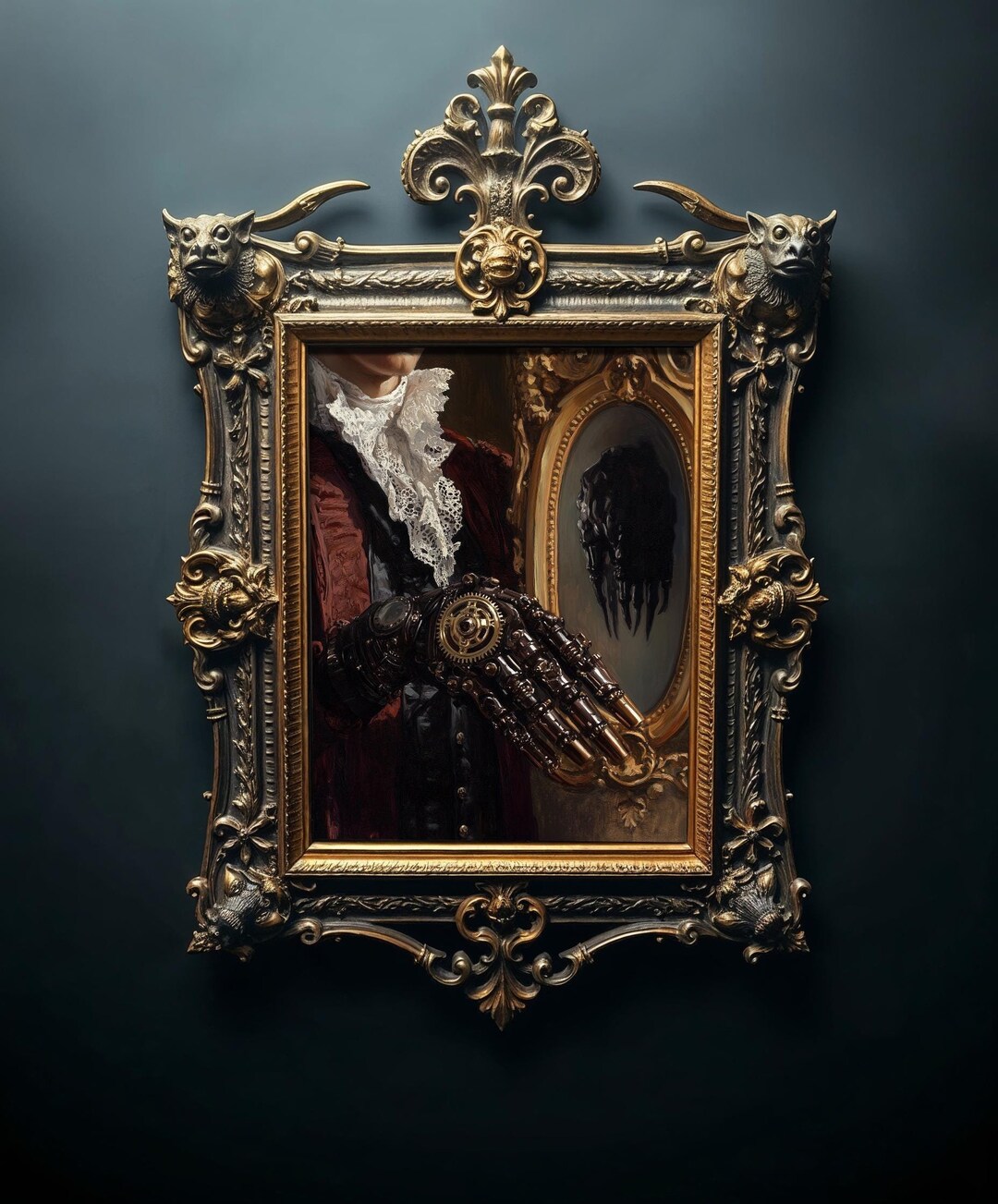 Gothic Noble With Mechanical Arm in Front of A Mirror Oil Painting ...
