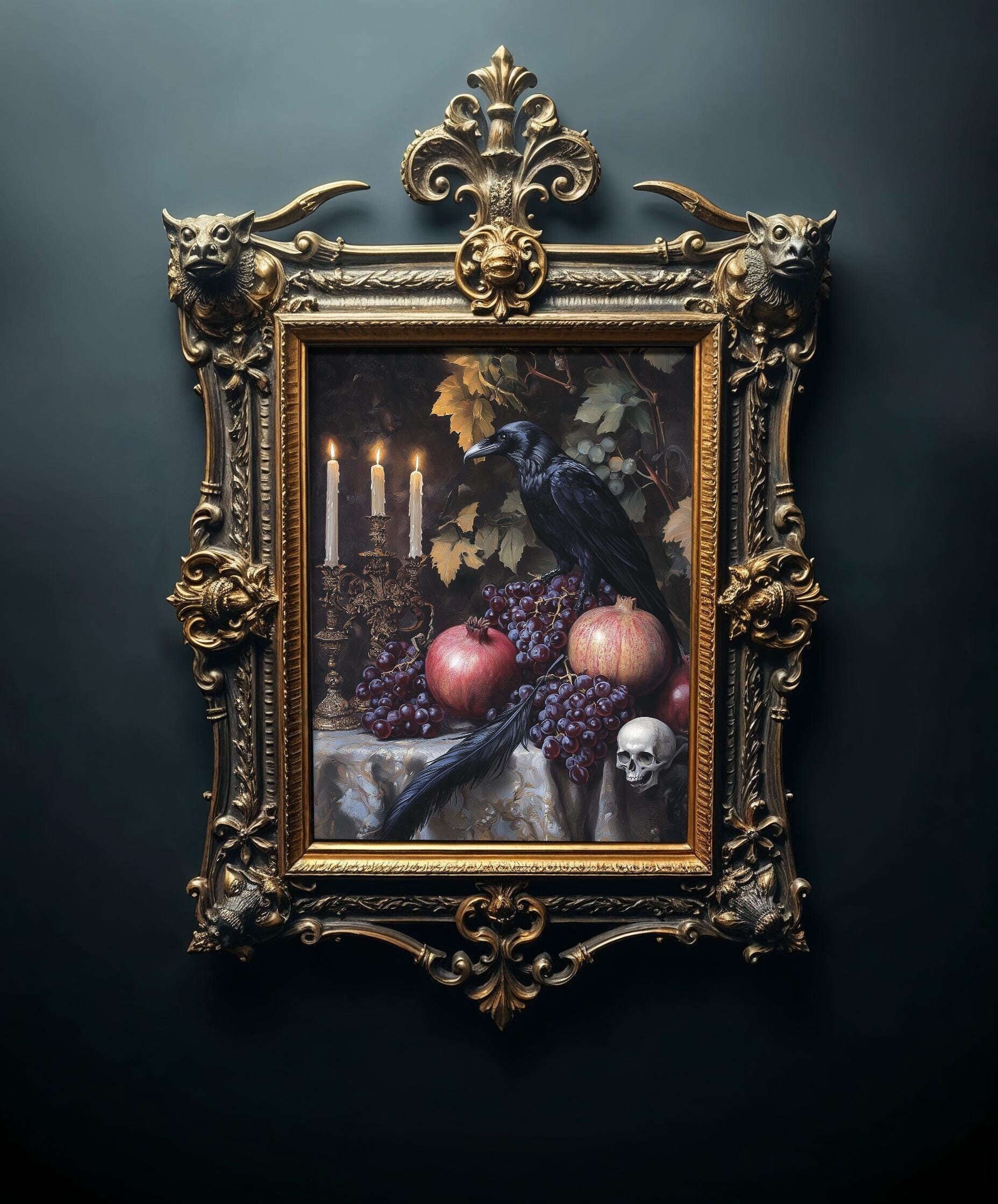 Gothic Raven Skull Still Life Art Print, Dark Academia Decor (digital ...