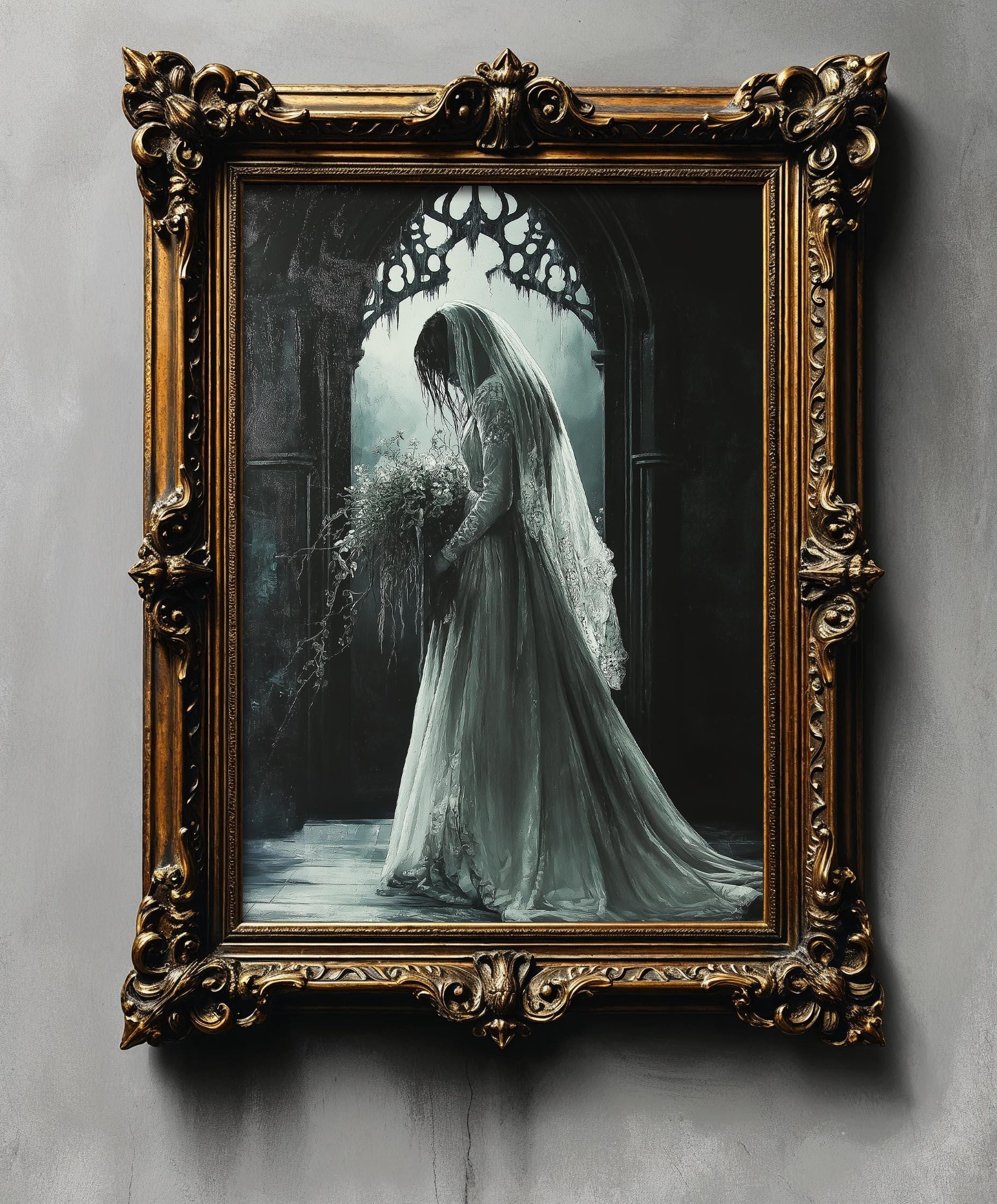 Gothic Ghostly Bride Oil Painting Print, Printable Vintage Dark Romance ...