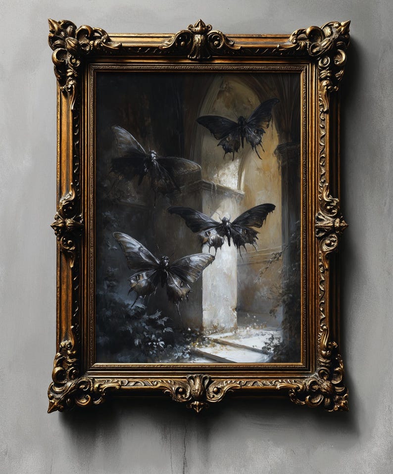 Gothic Cluster of Moths Oil Painting Print, Printable Vintage Dark ...