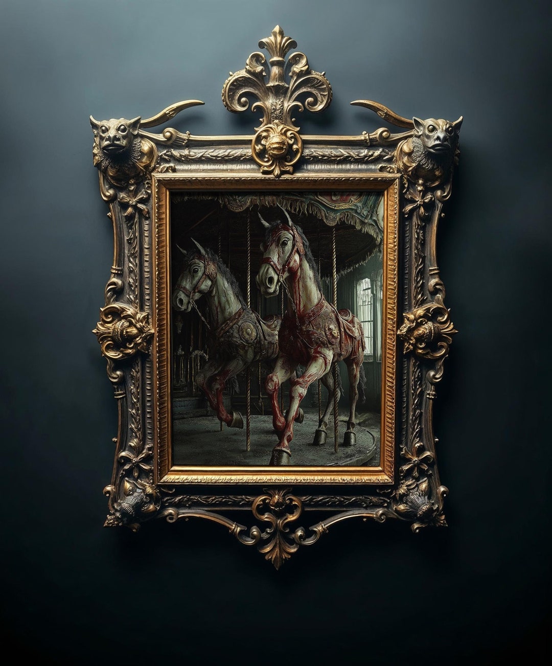 Gothic Majestic Carousel Horses Oil Painting Print, Printable Vintage ...