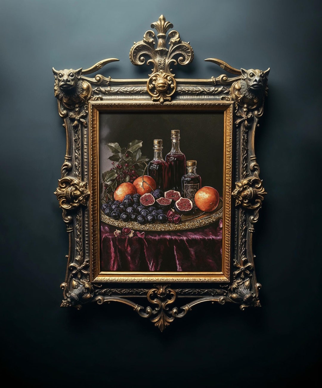 Gothic Tray With Exotic Fruits Figs Oranges and Cherries Oil Painting ...
